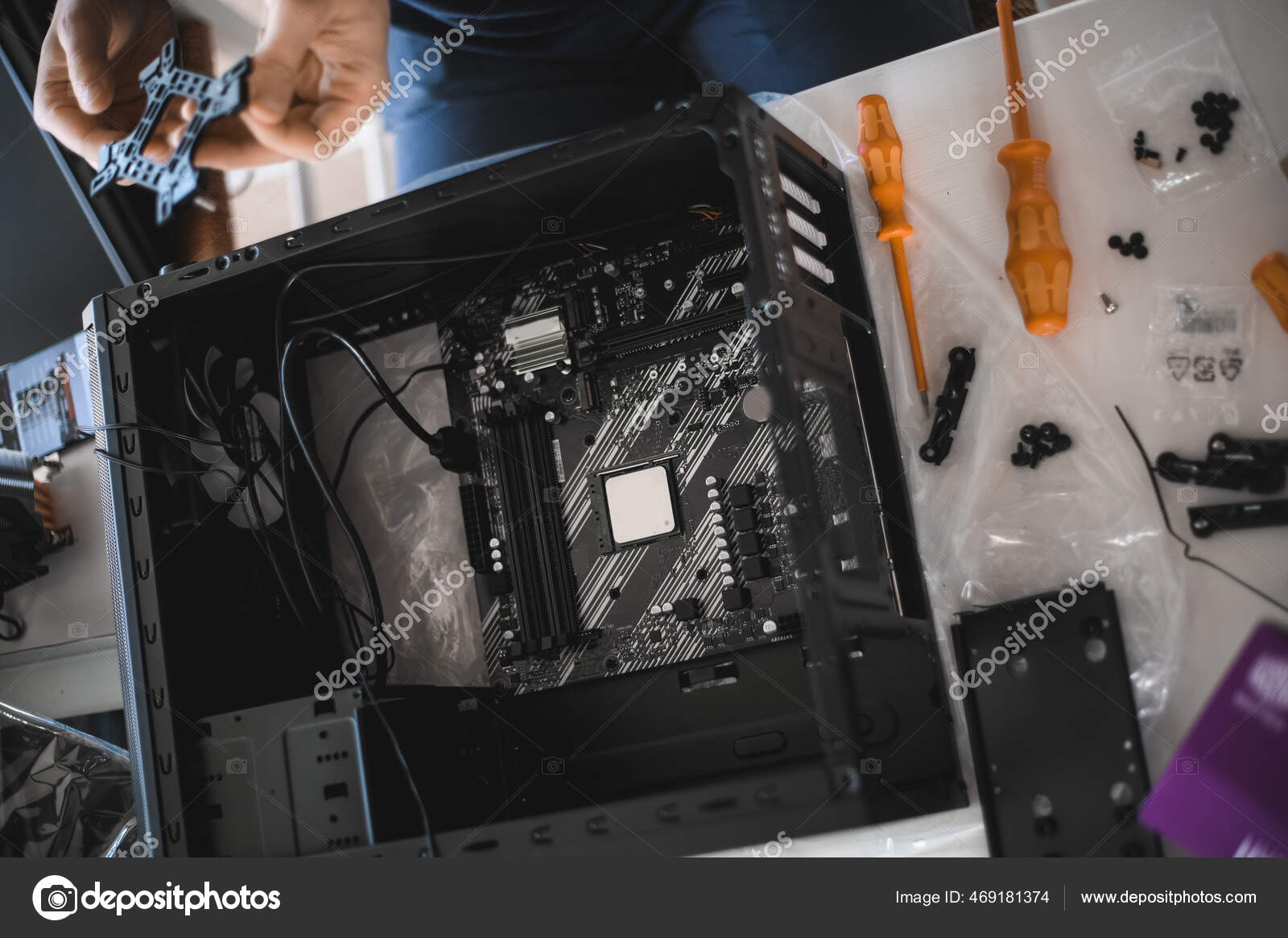 Portrait Handsome Nerd Man Servicing Computer Motherboard Cooler ...