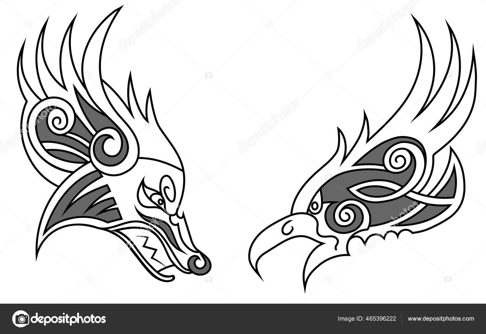 Tribal Raven And Wolf Drawing
