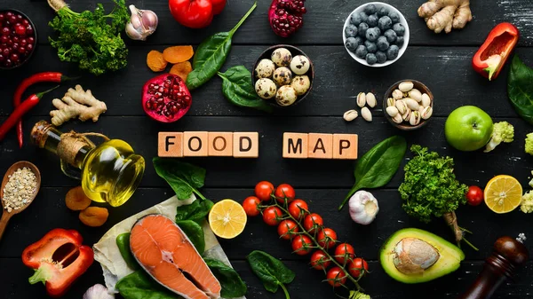 Fondo alimenticio. Mapa de alimentos: verduras, frutas, pescado, carne ...