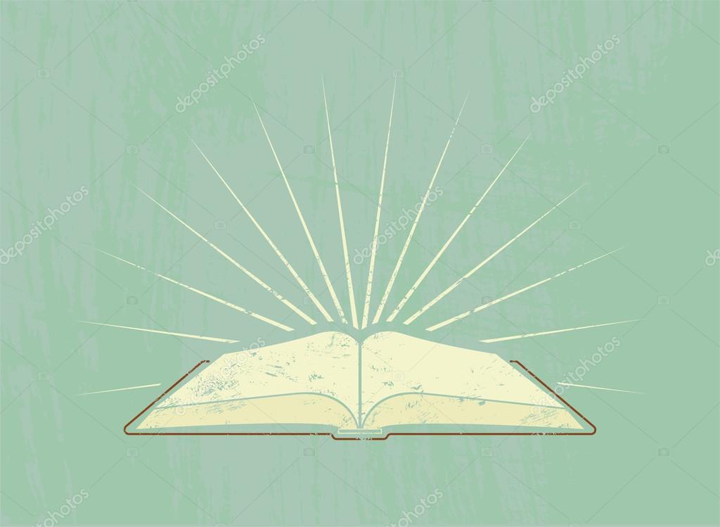 Open book with rays. Vintage poster in grunge style. Vector ...