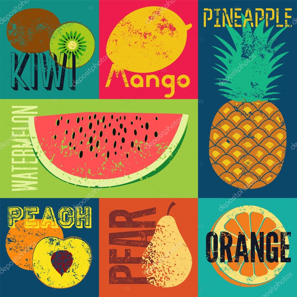 Pop Art grunge style fruit poster. Collection of retro fruits. Vintage ...