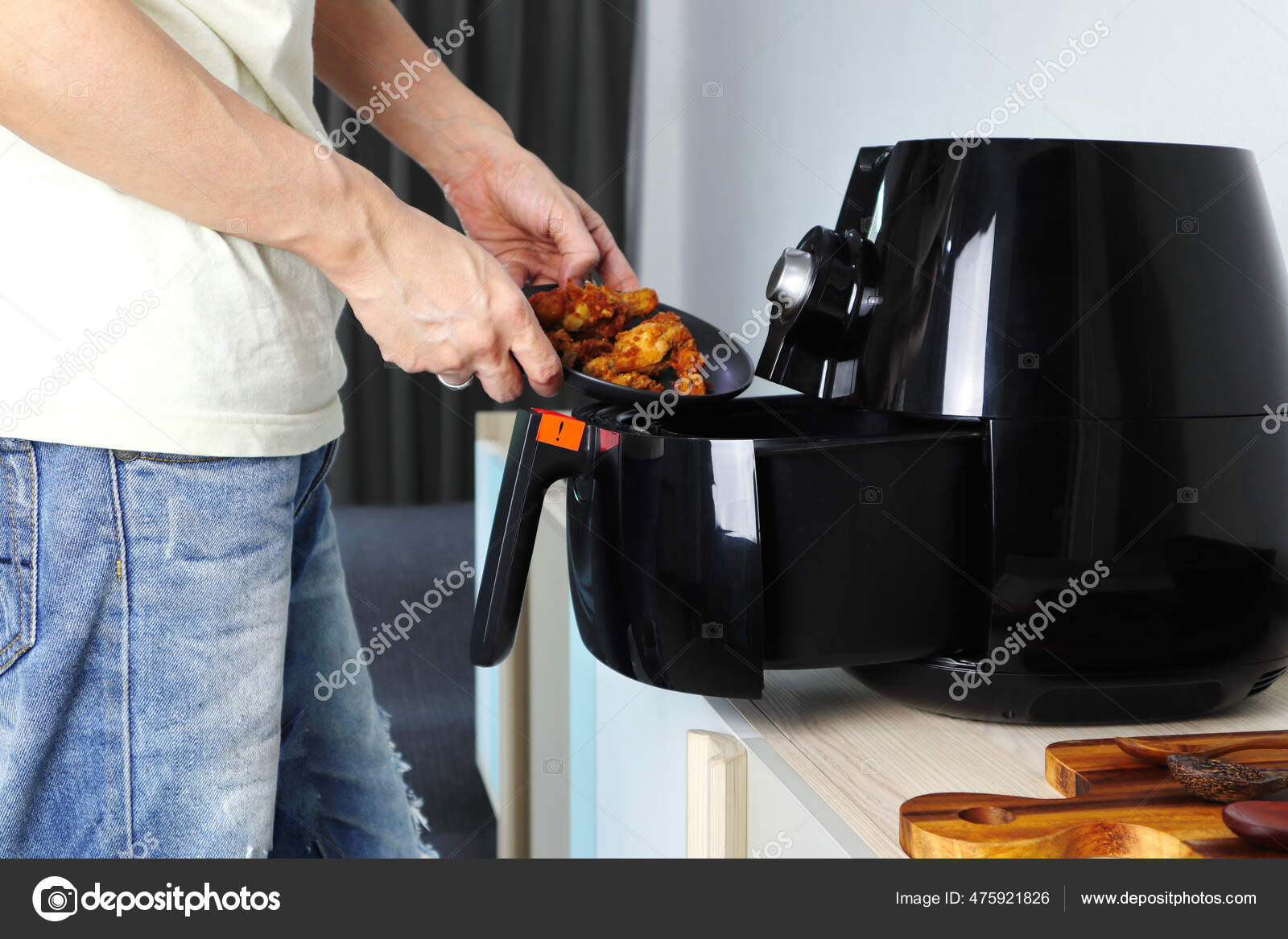 Right Hand Putting Fried Chicken Tray Black Deep Fryer Oil Stock Photo ...
