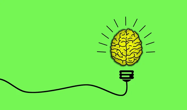 Yellow human Brain glows inside light bulb shape with connected electric cable. Conceptual ...