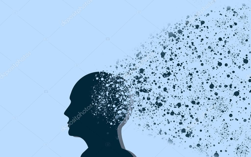 Cerebro de cabeza humana explosivo rompiéndose en pequeños pedazos de ...