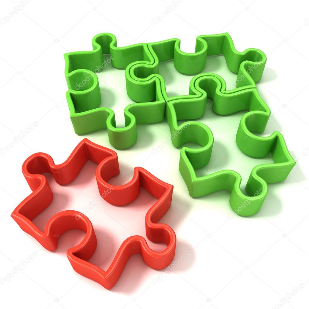 Four jigsaw puzzle outlined pieces. Isolated on a white background Side ...