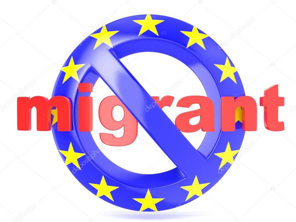 Forbidden sign with EU flag an migrant. Migrant crisis concept. 3D ...