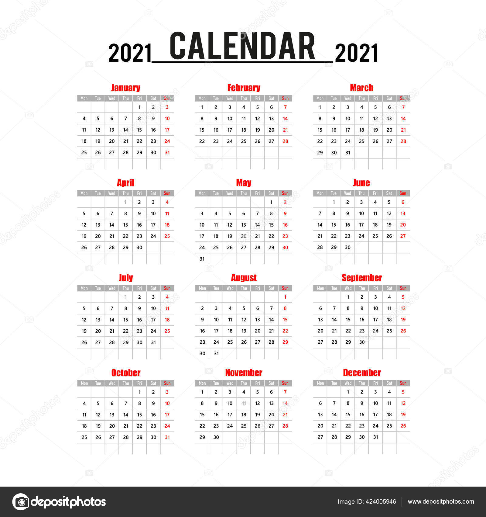 Tata Letak Kalender Sederhana Untuk 2021 Tahun Dalam Bahasa Inggris ...