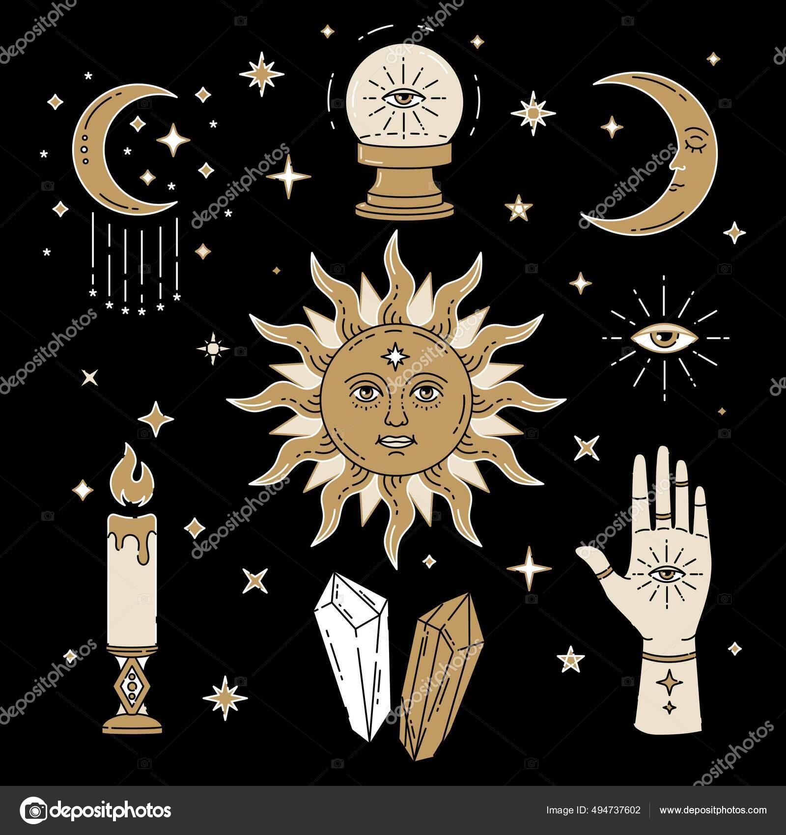 Celestial Magic Gold Colour Illustration Icons Symbols Sun Moon ...