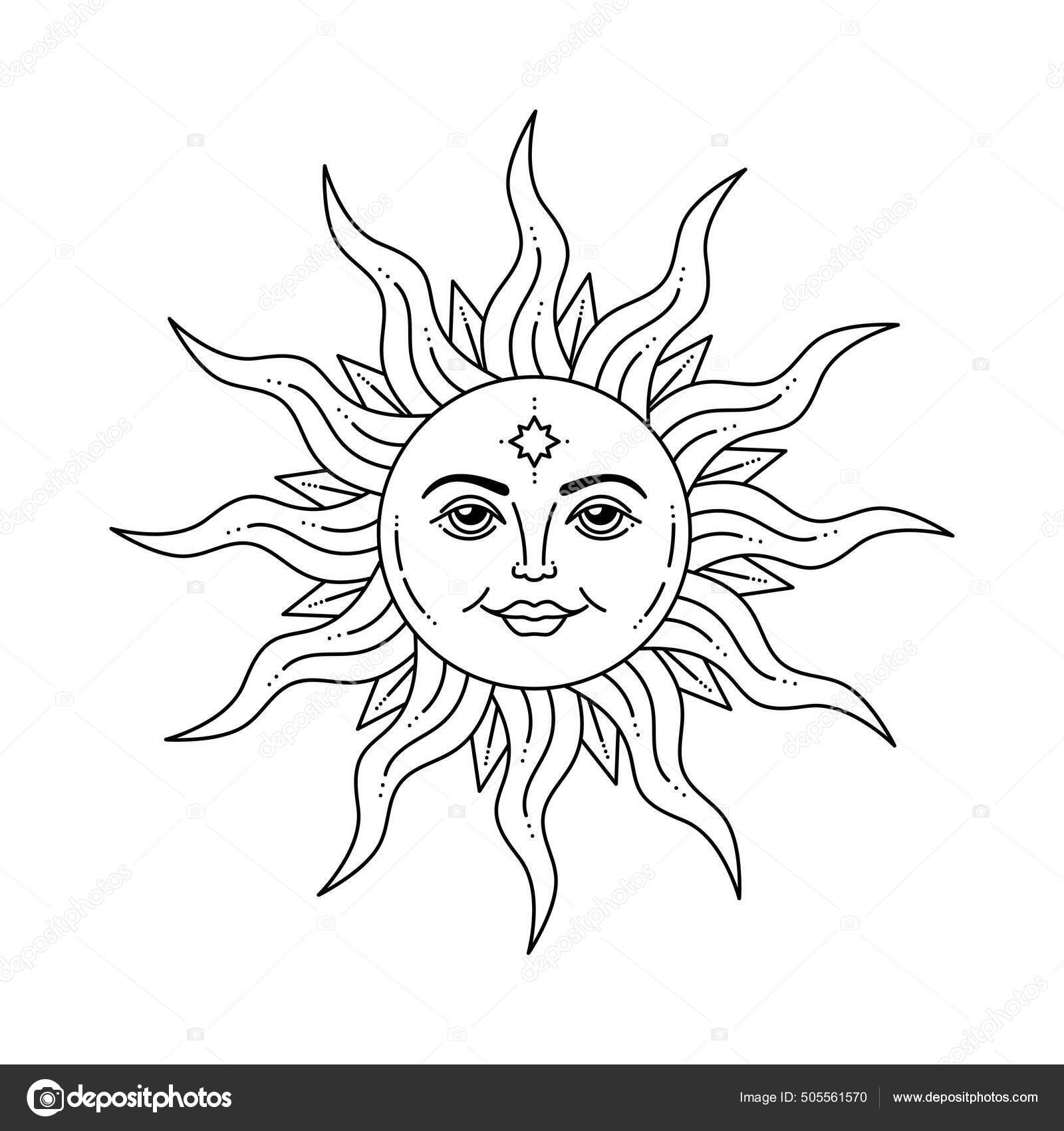 Celestial Sun Face Opened Eyes Stylized Drawing Tarot Card Mystical ...