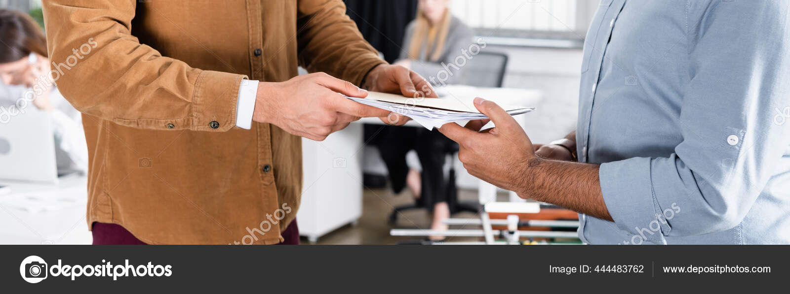 Cropped View Businessman Giving Paper Folder Colleagues Office Banner ...