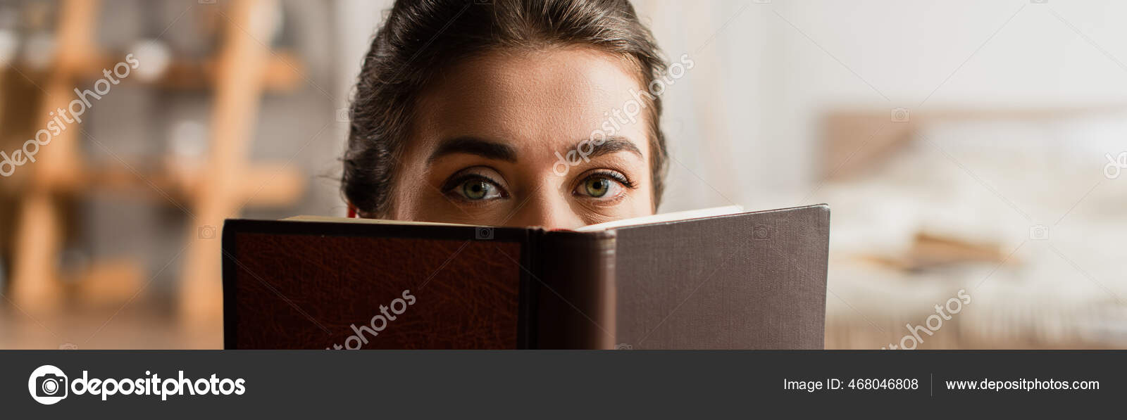 Woman Obscuring Face While Holding Book Looking Camera Banner — Stock ...