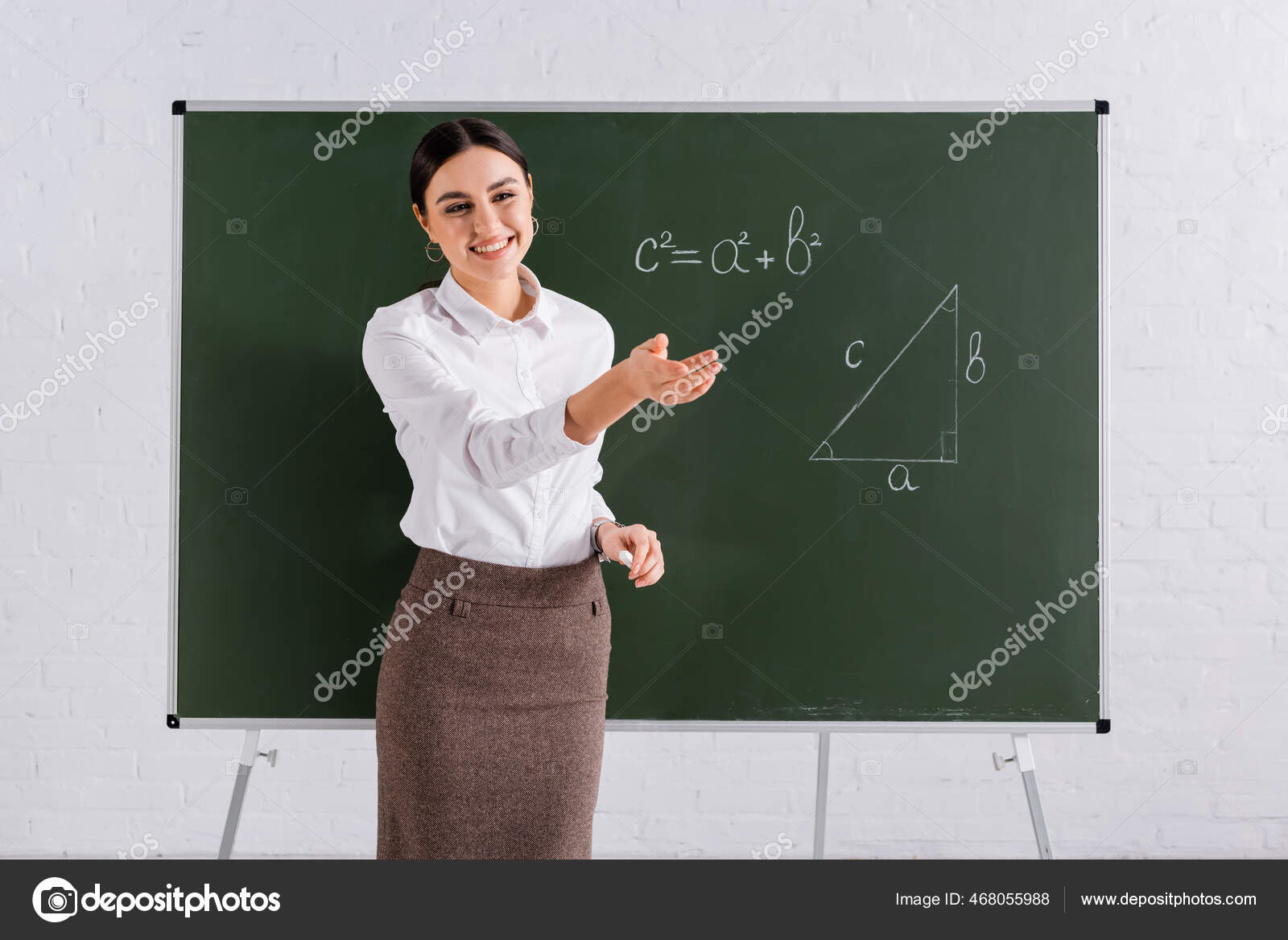 Smiling Teacher Pointing Hand Chalkboard Mathematic Lesson Stock Photo ...