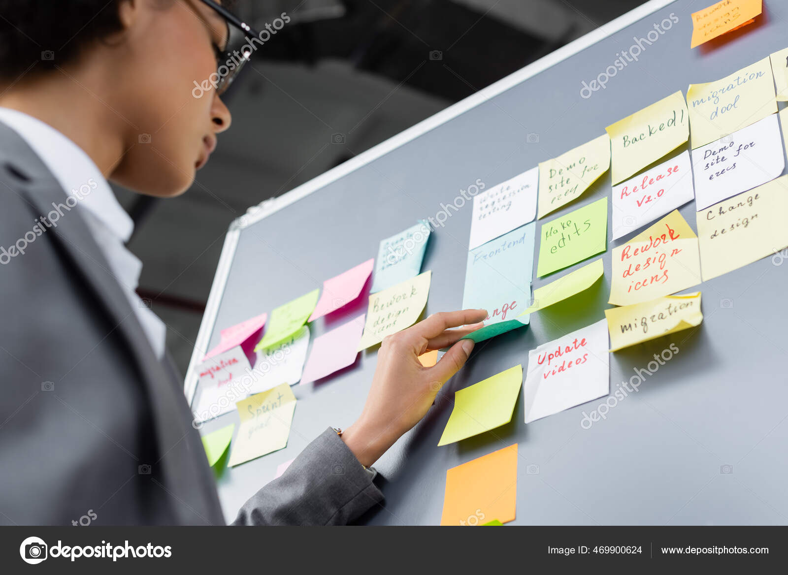Low Angle View African American Manager Standing Board Sticky Notes ...