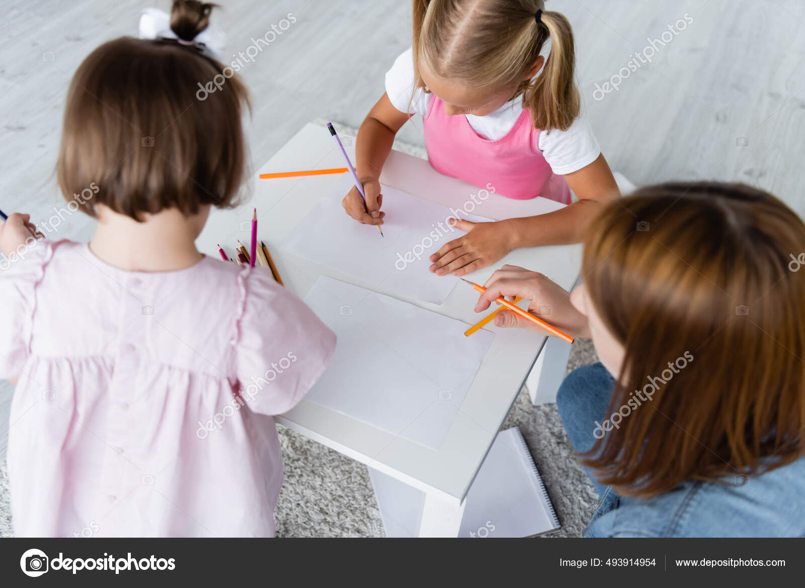 High Angle View Kids Drawing Papers Kindergarten Teacher — Stock Photo ...