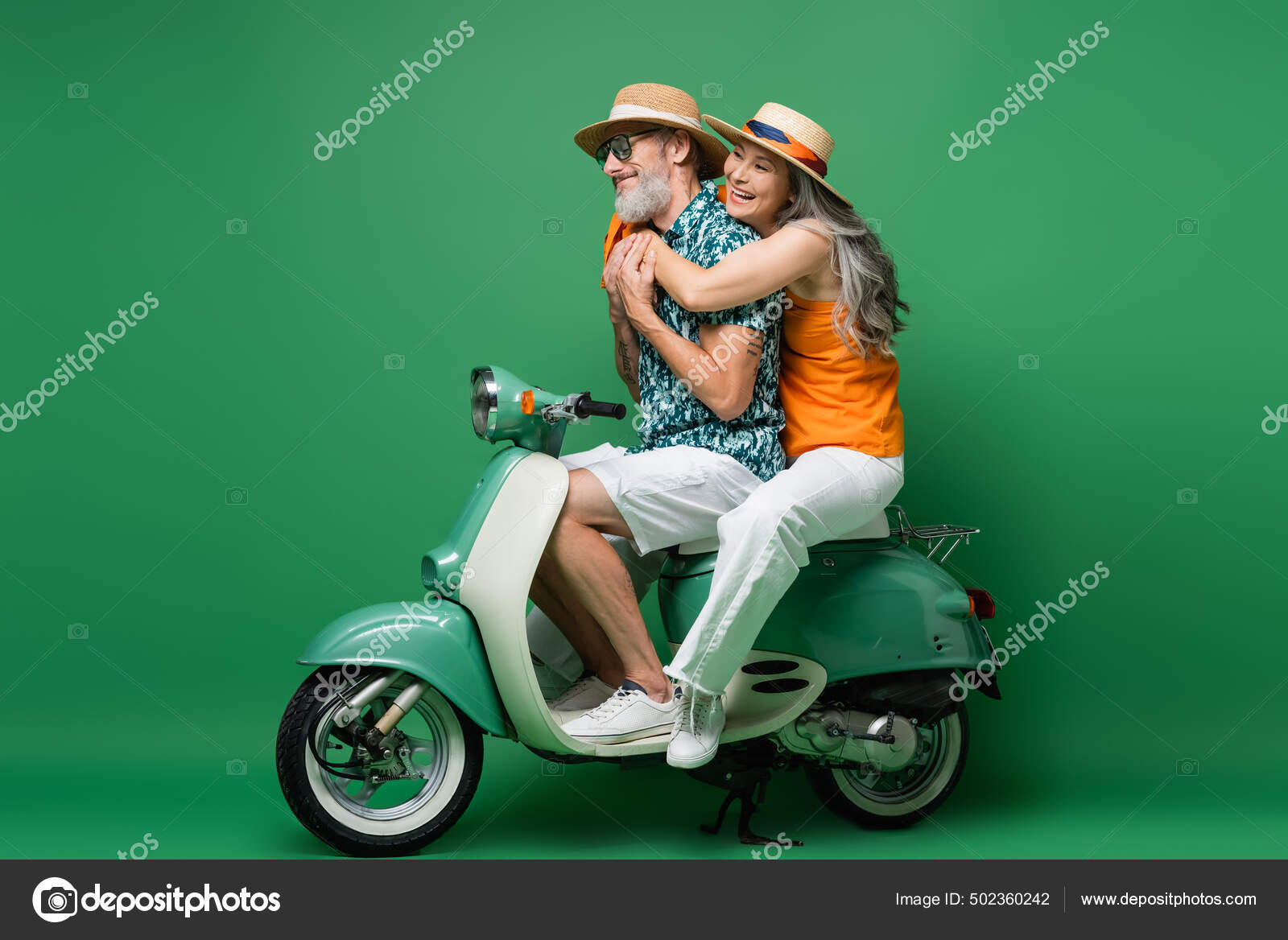 Cheerful Interracial Middle Aged Couple Sun Hats Hugging While Riding — Stock Photo © Ischukigor ...