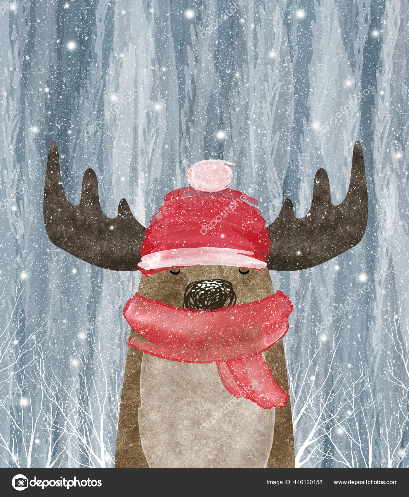 Cute Moose Winter Greeting Card Stock Illustration by ©AnastasiiaKryzhanska #446120158