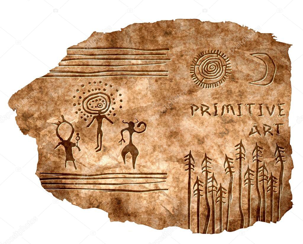 Dibujos de gente primitiva sobre cuero viejo, papel, papiro ...