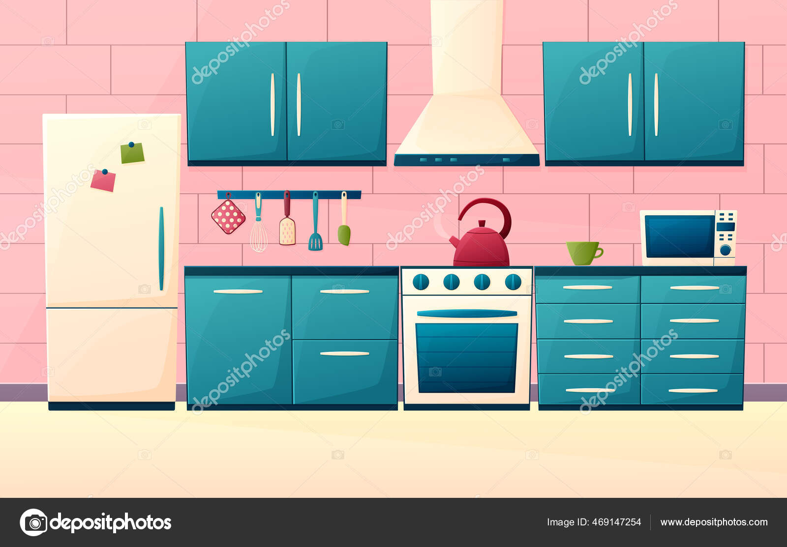 Ilustración Vectorial Del Interior Cocina Estilo Dibujos Animados ...