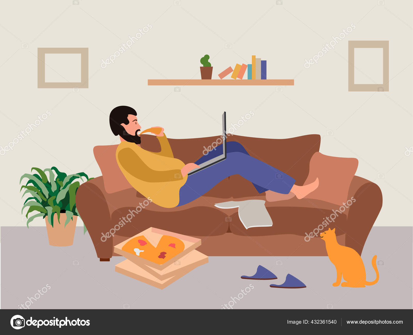 Disadvantages of remote work. Freelancer works lying on the couch ...