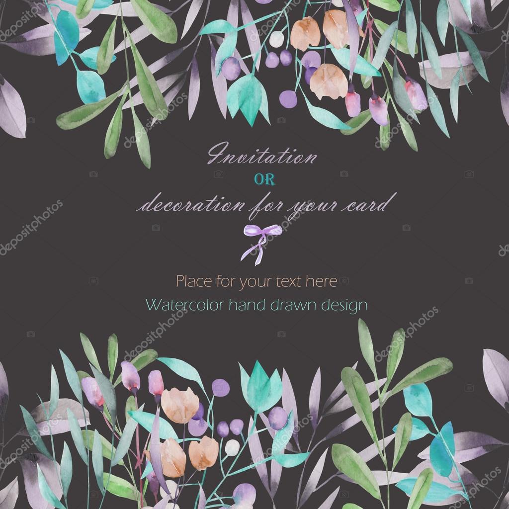 Background, template postcard with the watercolor branches, flowers and ...
