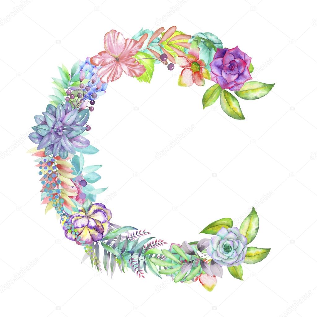 Capital letter C of watercolor flowers, isolated hand drawn on a white ...