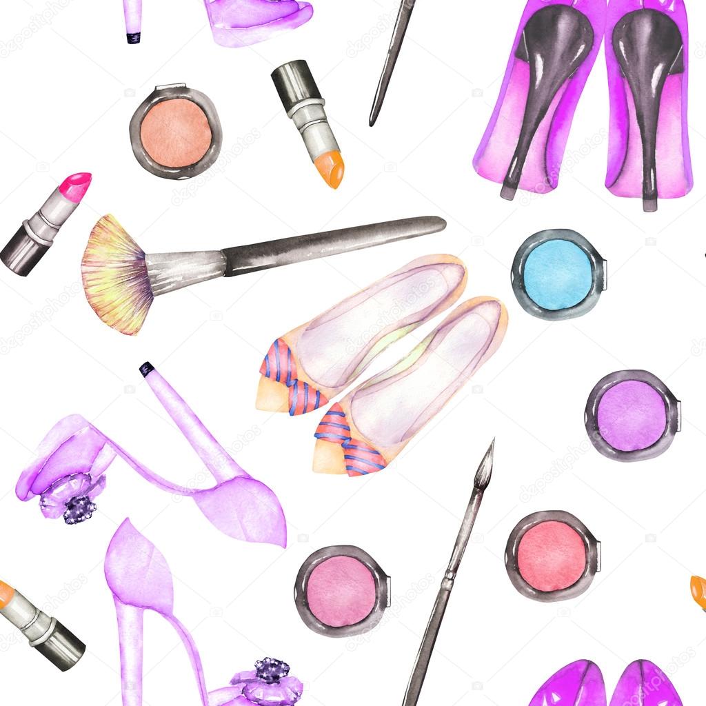 Seamless watercolor pattern with the women's shoes and make up objects ...