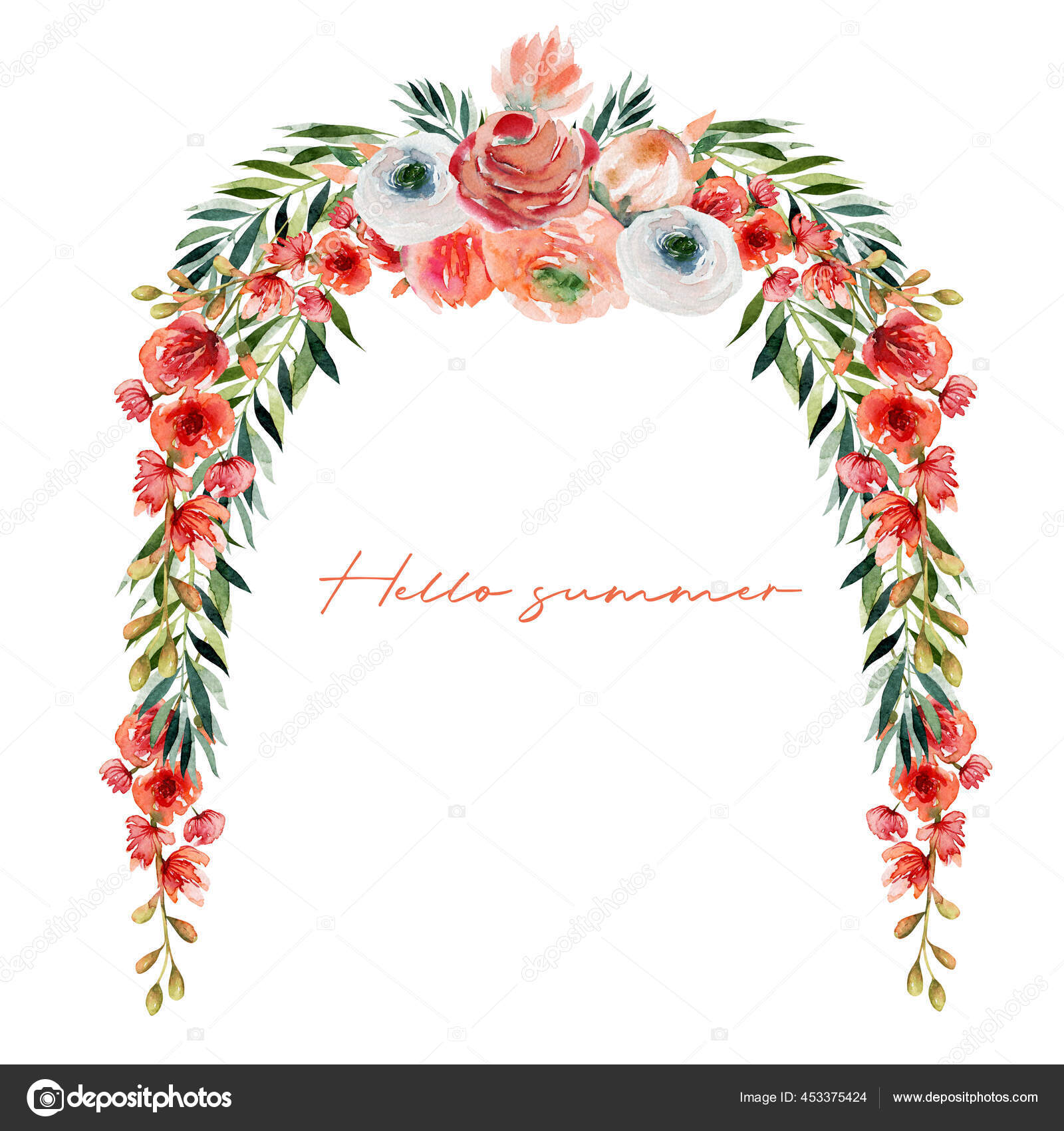 Floral Border Watercolor Red White Roses Flowers Wildflowers Greenery ...