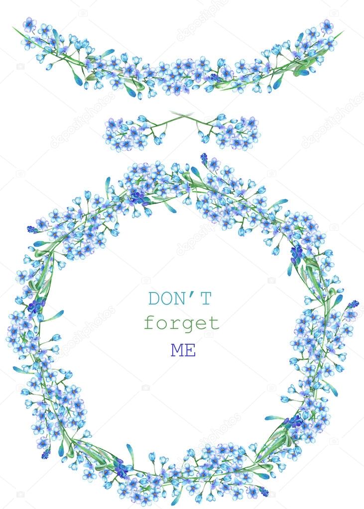 Frame border, garland and wreath of the blue flowers of forget-me-not ...