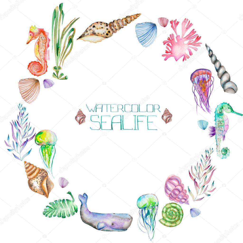 A wreath (circle frame) with the watercolor shells, seahorses ...