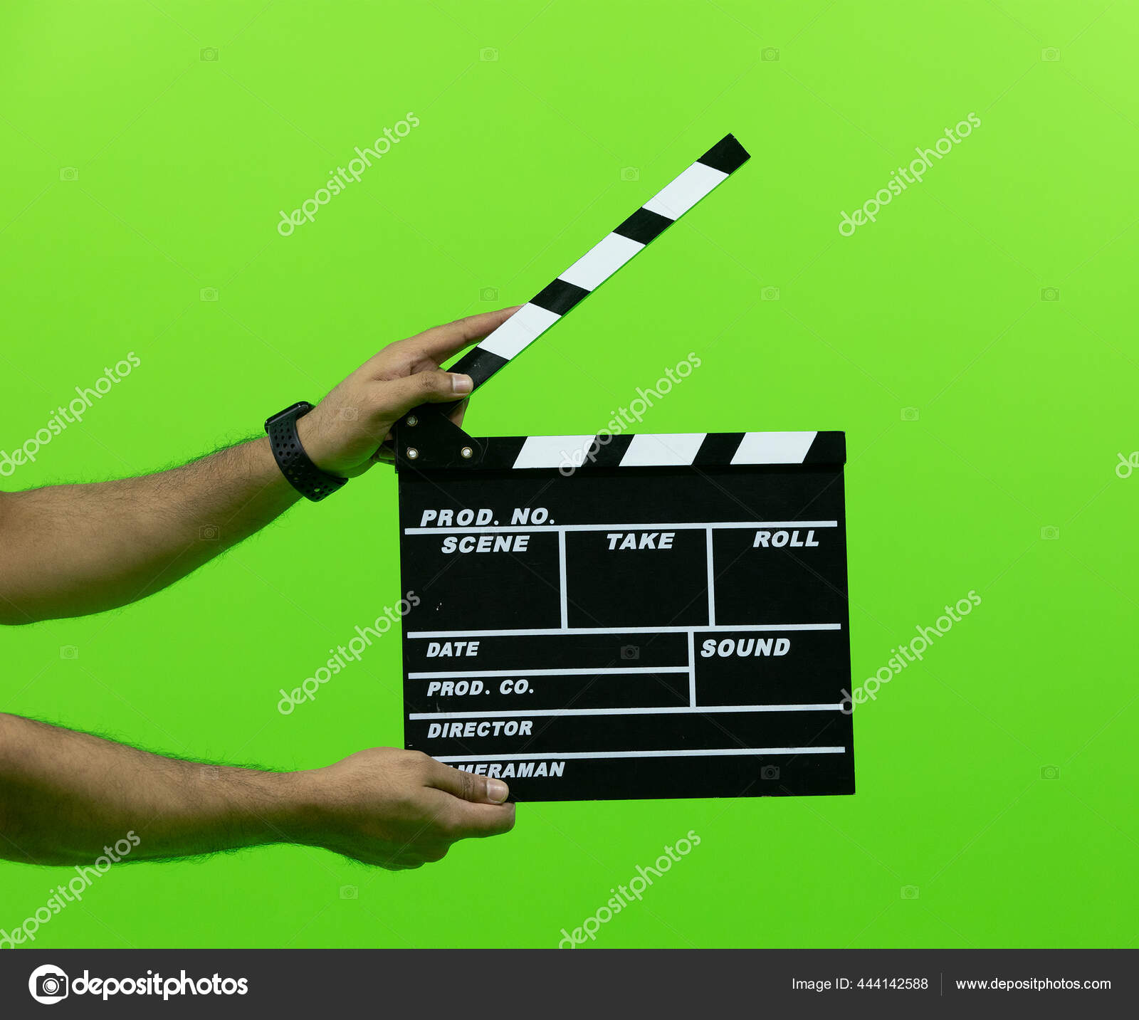 Men's Hand Holding Camera Slate Filming Isolated Green Background ...