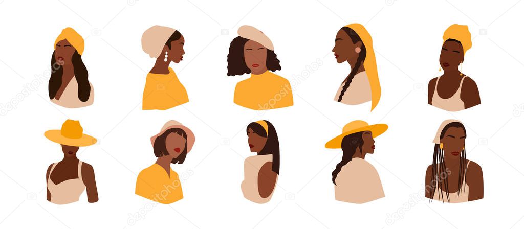 Conjunto De Retratos De Mujeres Sin Rostro En Sombrero Diferente
