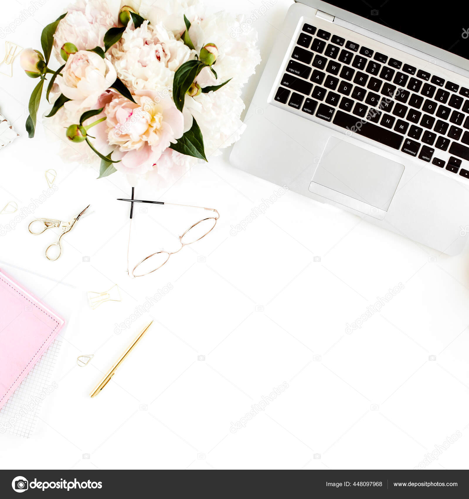 Flat lay womens office desk. Female workspace with laptop, pink peonies ...
