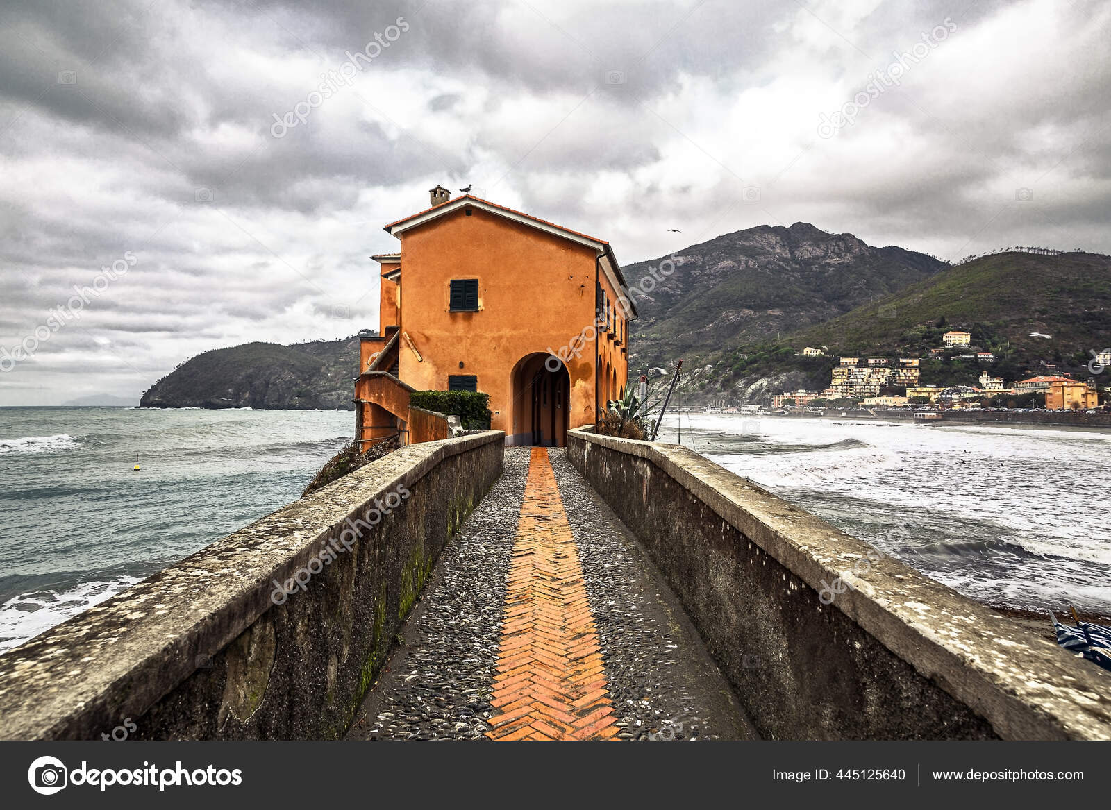 Symmetrical View Italian Brick Bridge Pier Orange House Rough Sea ...