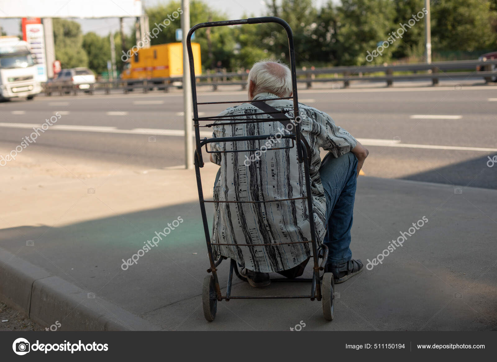 Old Man Bus Stop Grandpa Sitting Cart Pensioner Waiting Transport ...