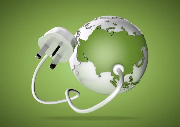 Electrical cable and plug connects power to asia on a world globe ...