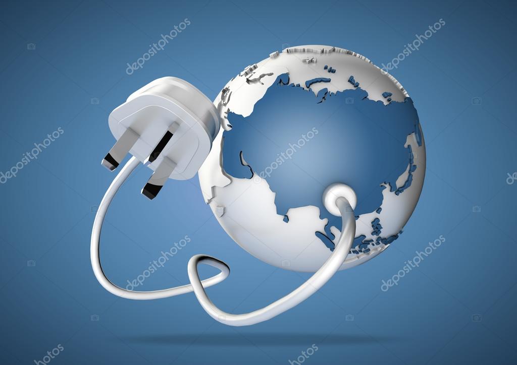 Electrical cable and plug connects power to asia on a world globe ...