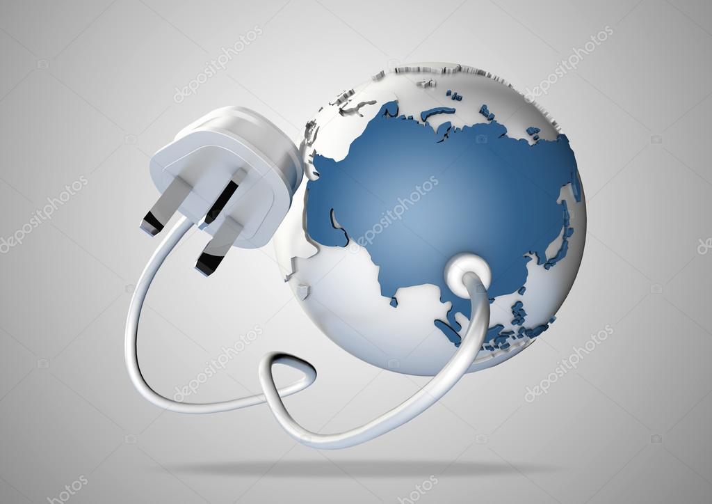 Electrical cable and plug connects power to asia on a world globe ...