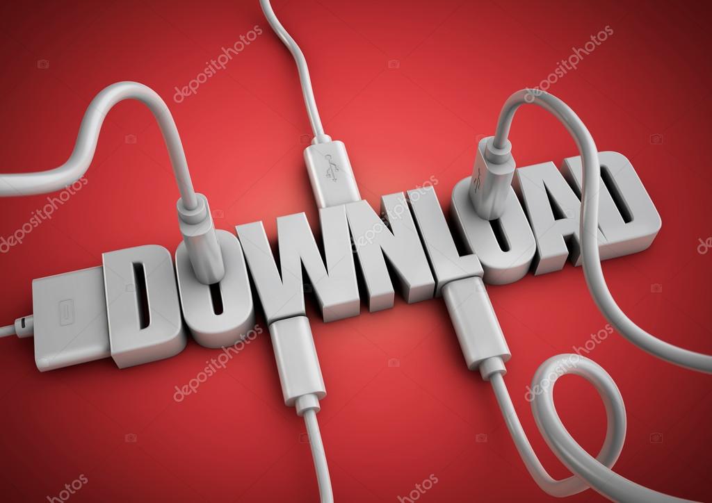 Computer cables and plugs attach to the word 'Download' concept for ...