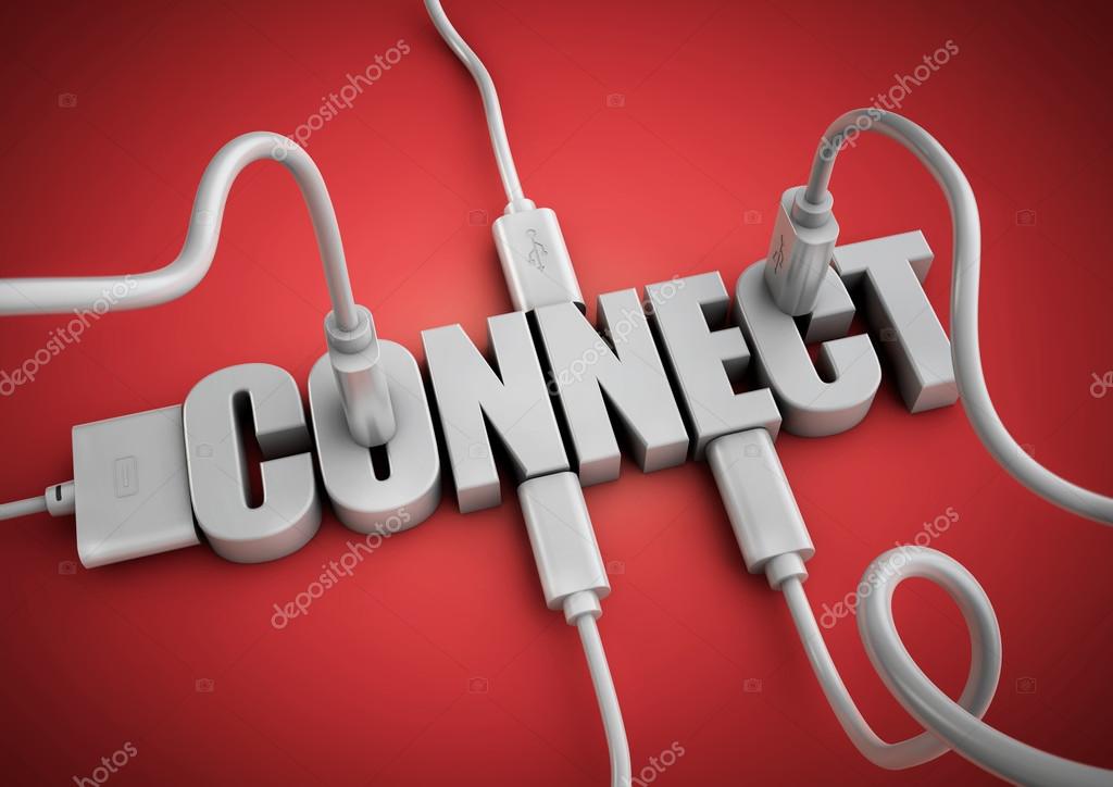 Computer cables and plugs attach to 3d text title Connect. — Stock ...