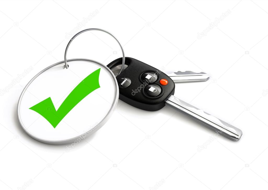 Car keys with approved tick symbol on key ring. Concept for appr ...