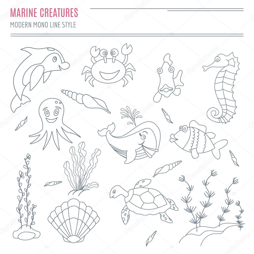 Collection of hand drawn sea creatures — Stock Vector © Sunshine_Art ...