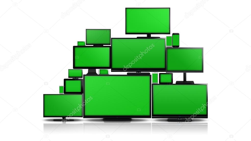 Many different types of screens with green screen — Stock Photo ...