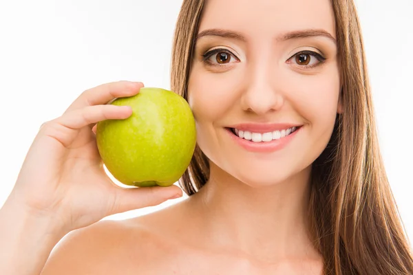Beautiful healthy toothy girl smiling with green apple — Stock Photo ...