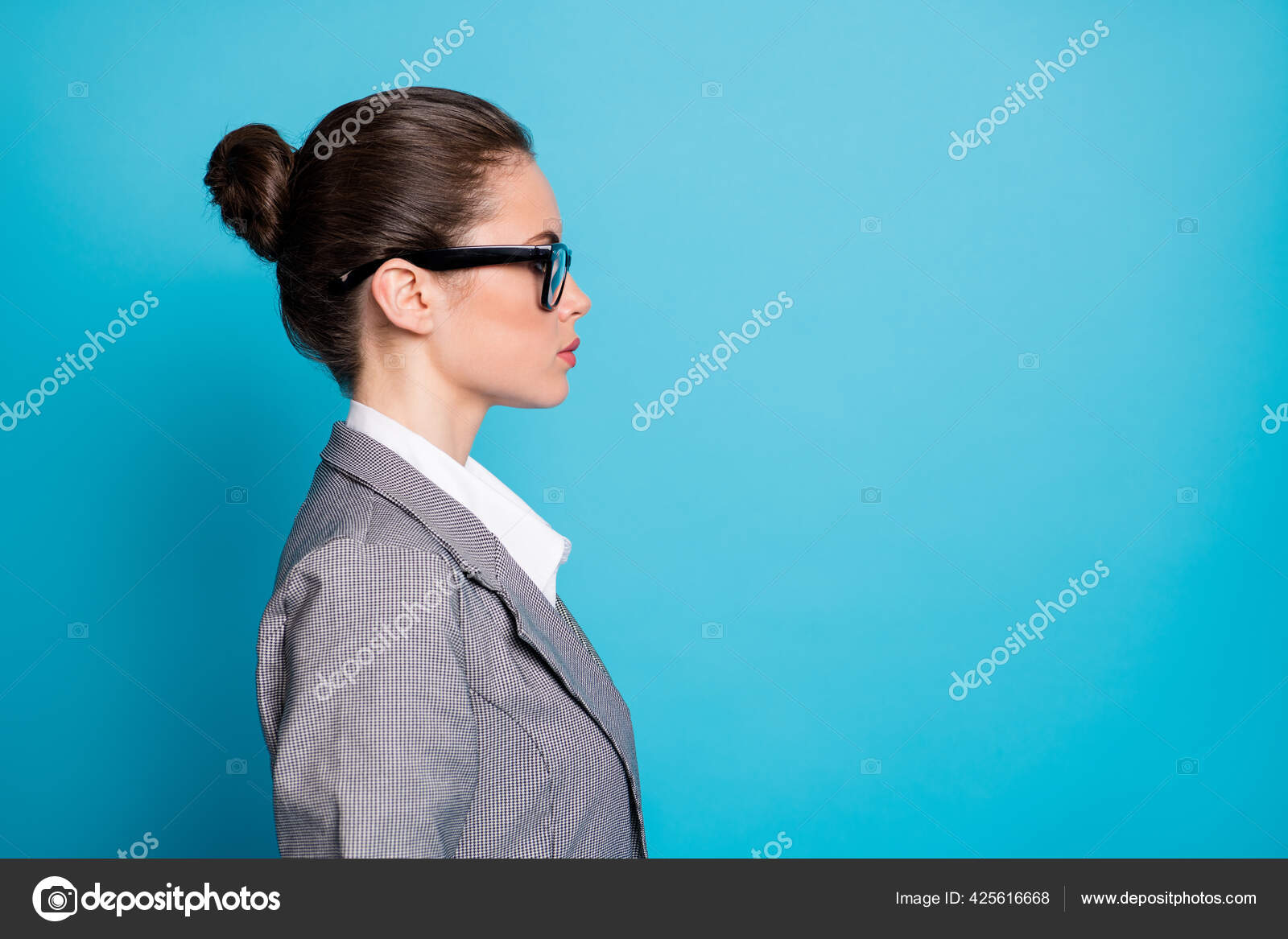 Close-up profile side view portrait of attractive content lady agent ...