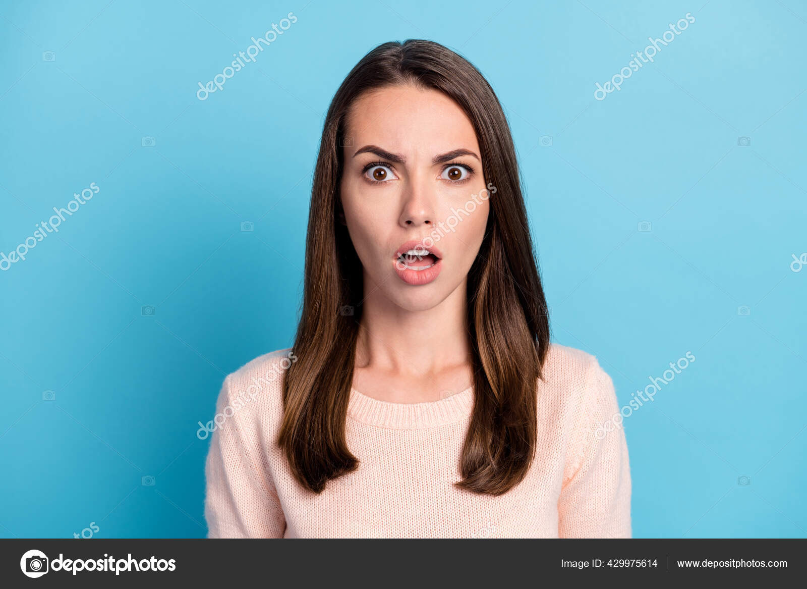 Portrait of disappointed lady feel astonished stare in camera isolated ...