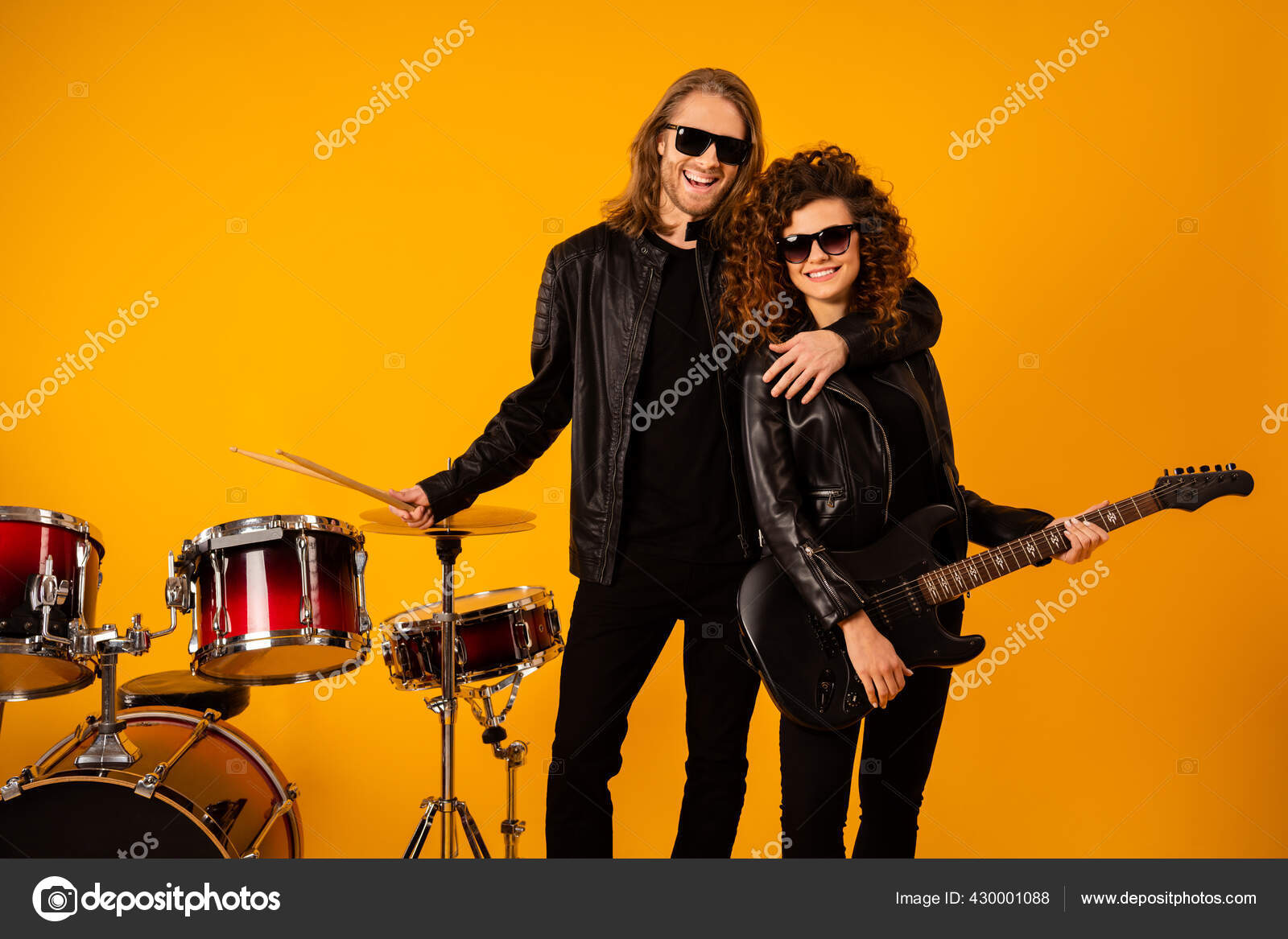 Positive two people famous punk singers enjoy festival music tour night ...