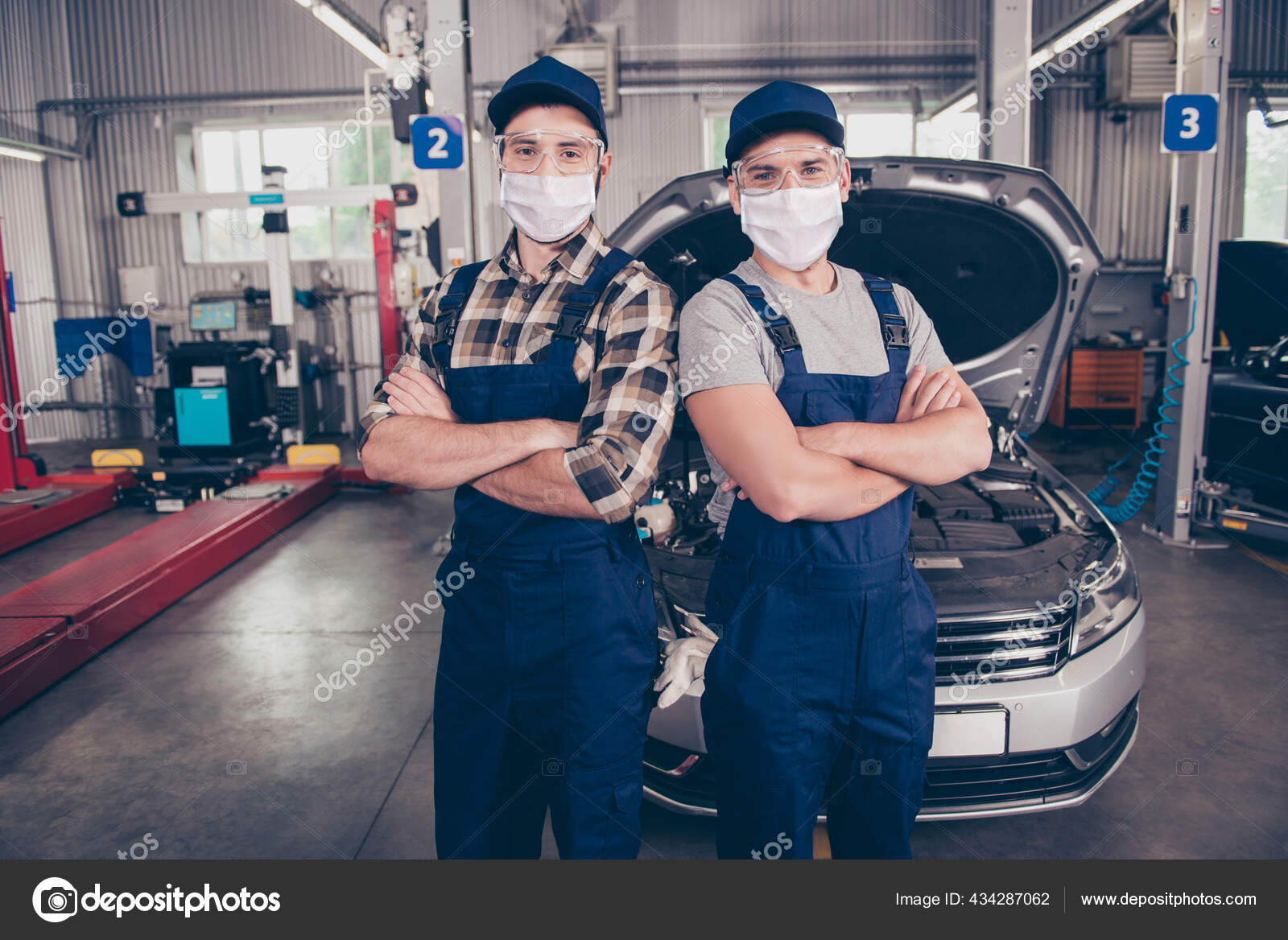 Two experts folded arms earing special safety outfit mask standing over ...