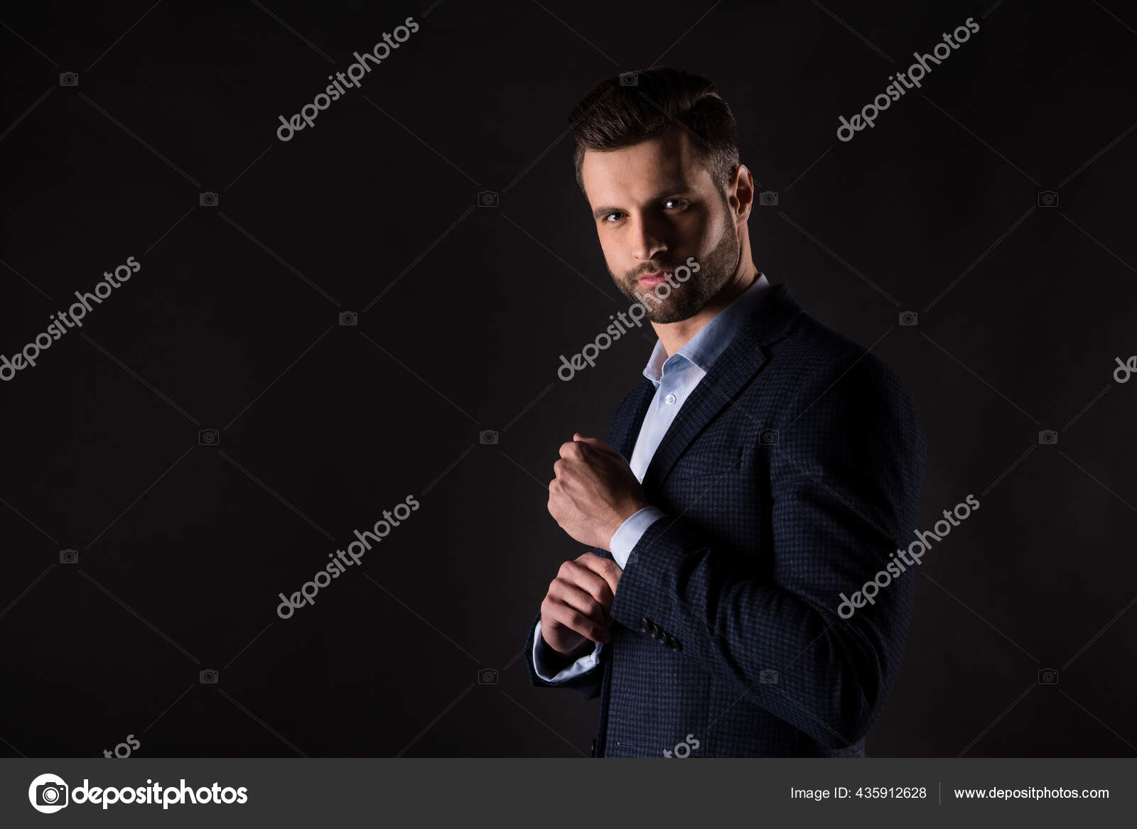 Profile side view portrait of his he nice attractive content rich ...