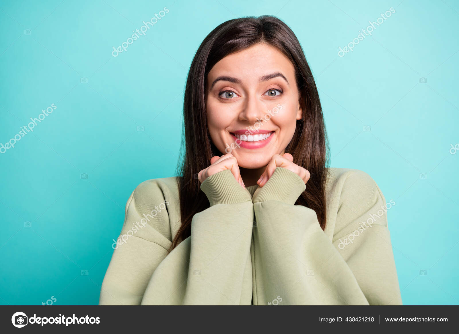 Photo portrait of cute girl holding hands near face isolated on vivid ...