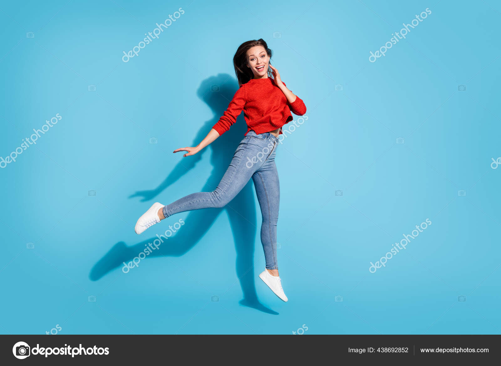 Full body profile photo of lady jump high up graceful motion wear red ...